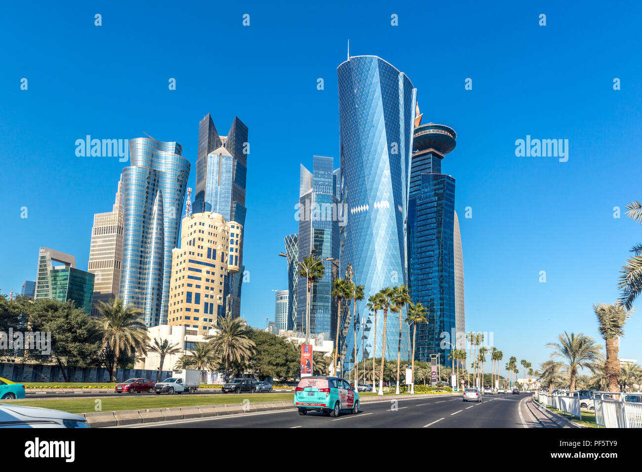 Doha, Qatar - Jan 8th 2018 - The modern downtown of Doha city with palm ...