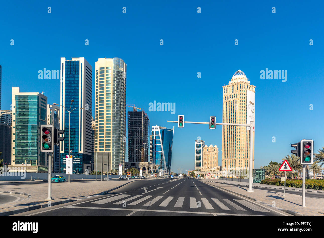 Doha, Qatar - Jan 8th 2018 - The modern downtown of Doha city with palm ...