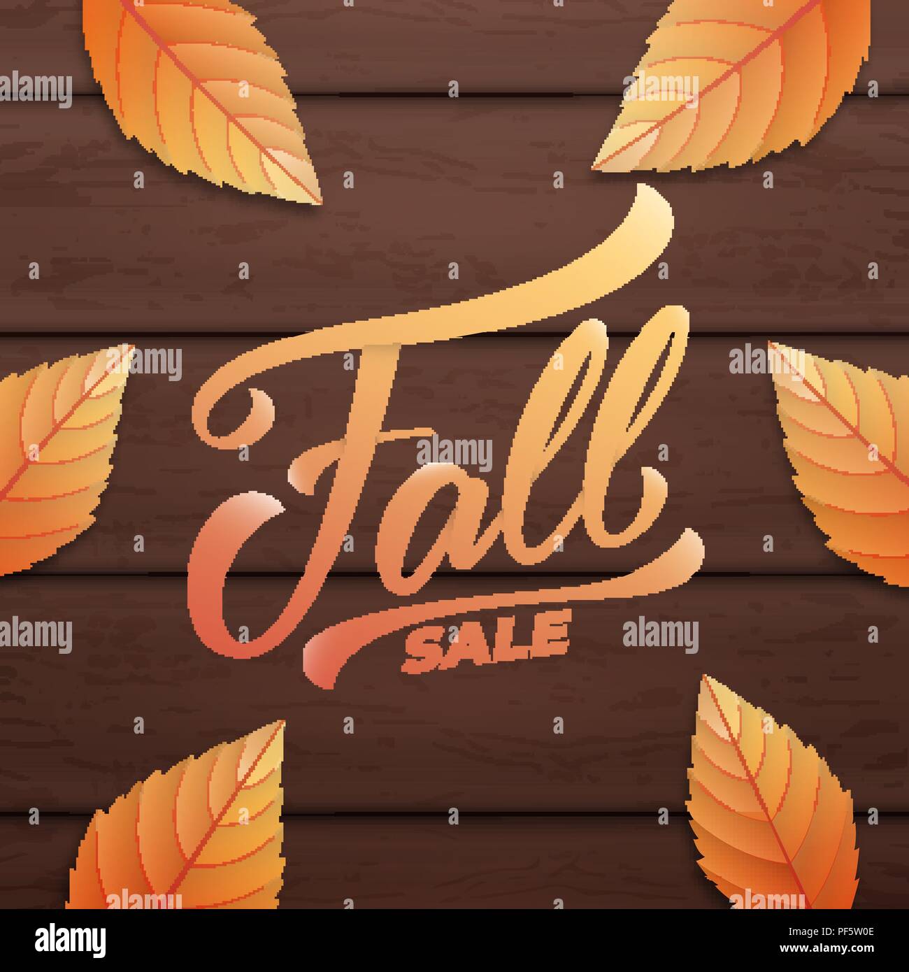 Fall sale. Autumn layout design with wooden background and fall leves ...