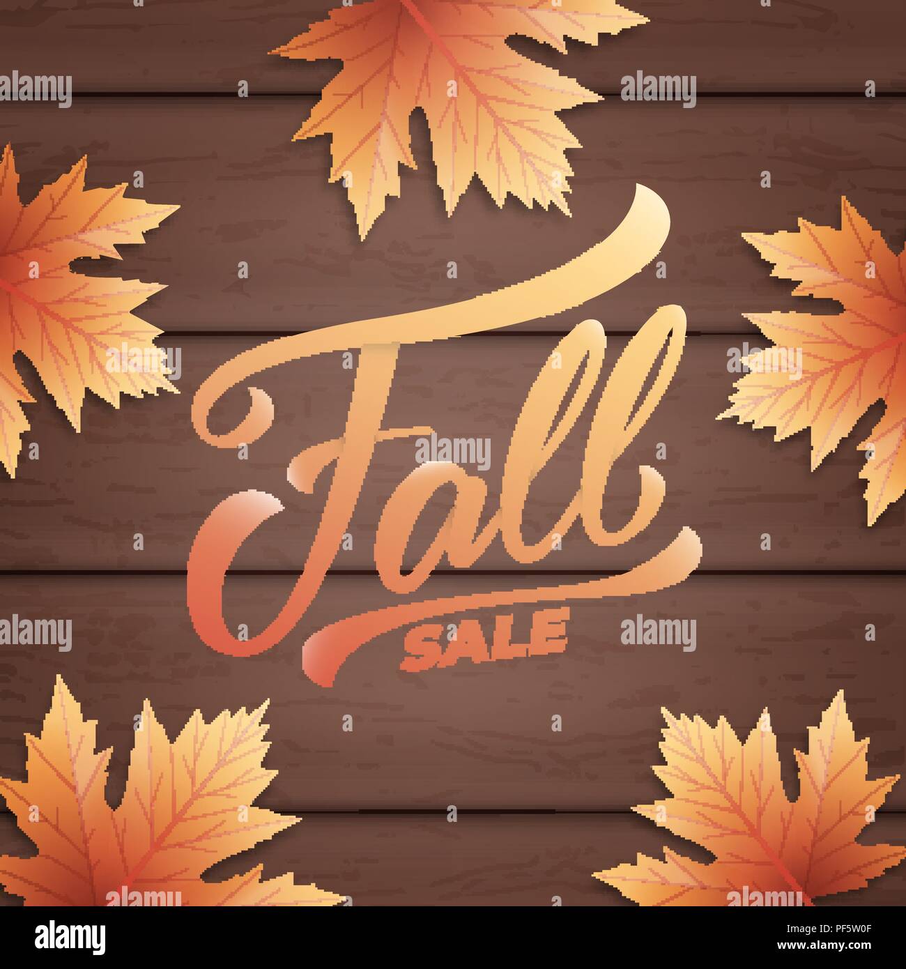 Fall sale. Autumn layout design with wooden background and fall leves ...