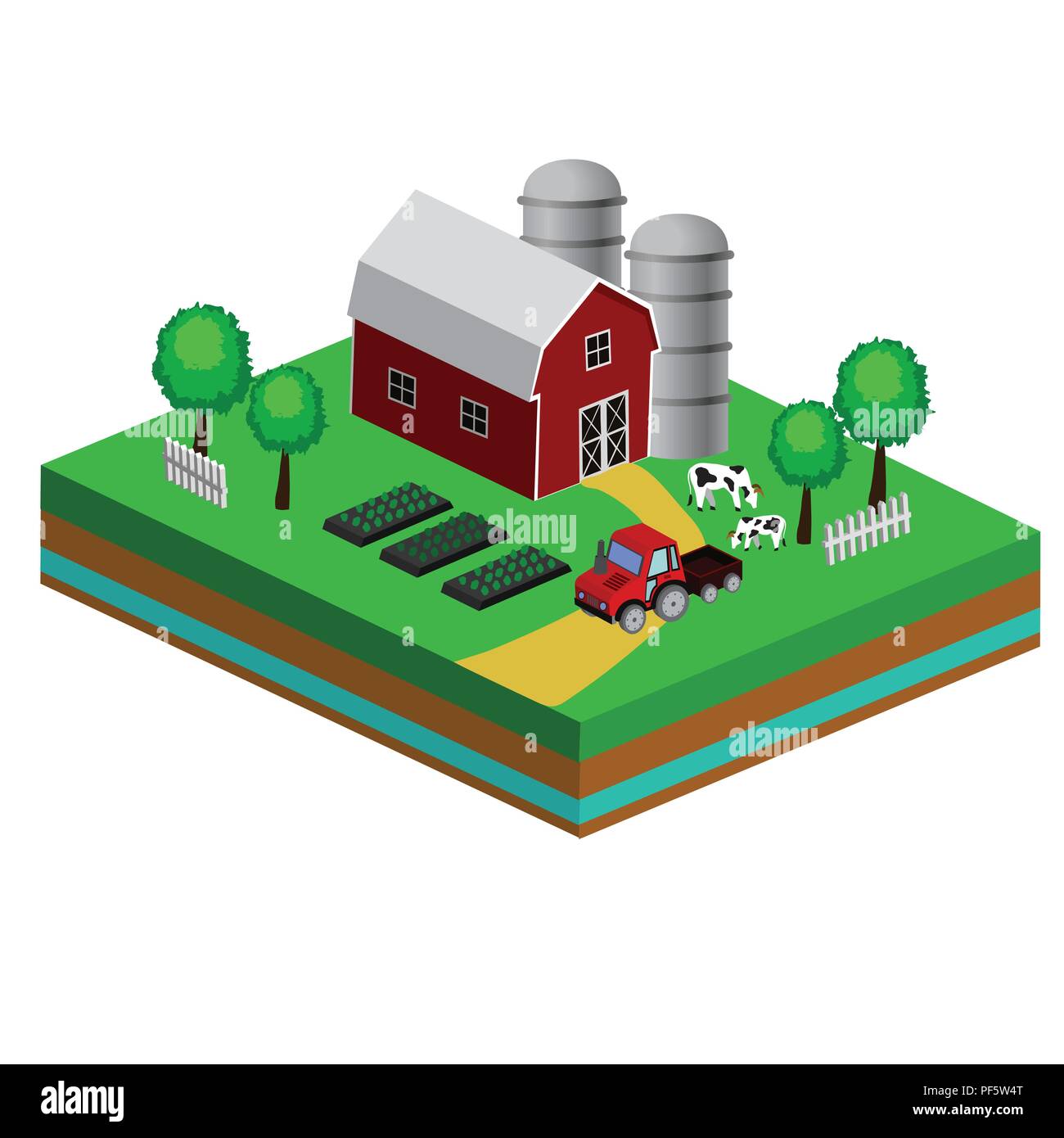 Isometric Red Barn And Trees cows vector illustration Stock Vector ...