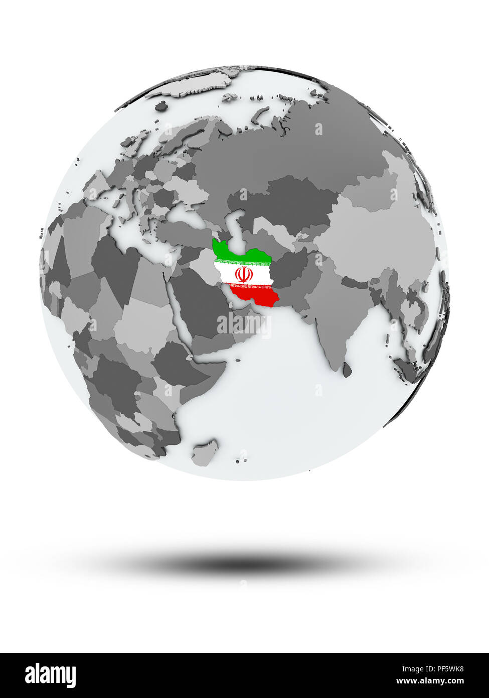Iran with flag on globe with shadow isolated on white background. 3D ...