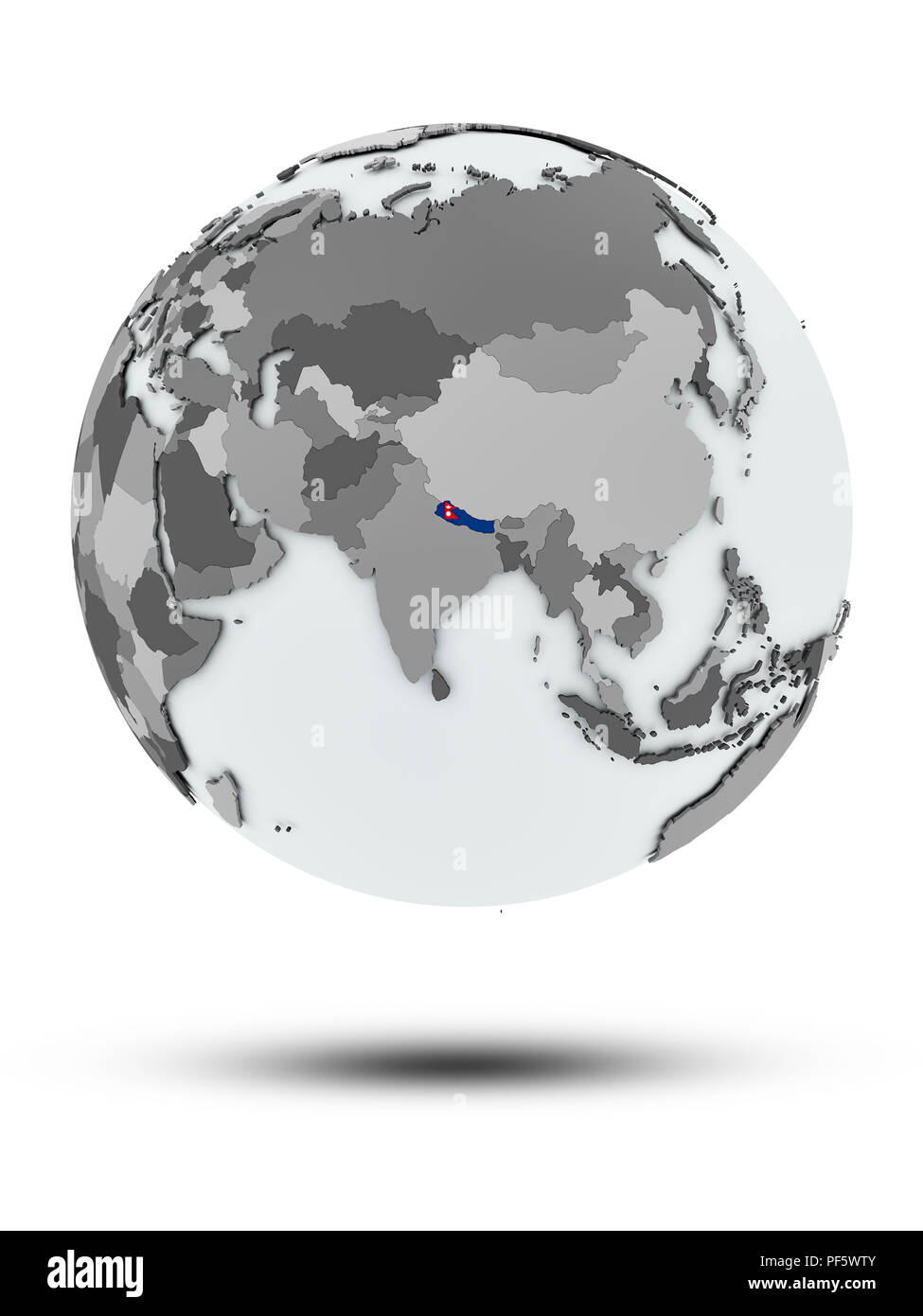 Nepal with flag on globe with shadow isolated on white background. 3D ...