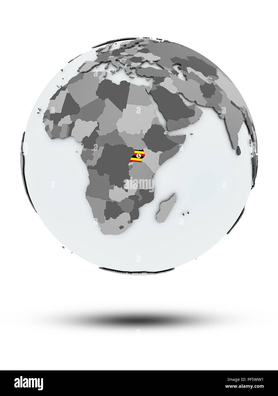 Uganda with flag on globe with shadow isolated on white background. 3D ...