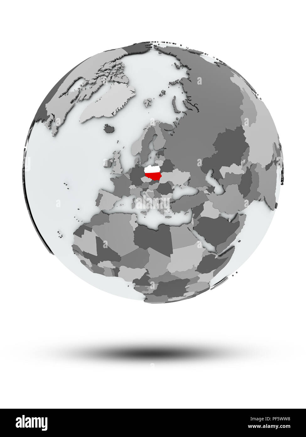 Poland with flag on globe with shadow isolated on white background. 3D ...
