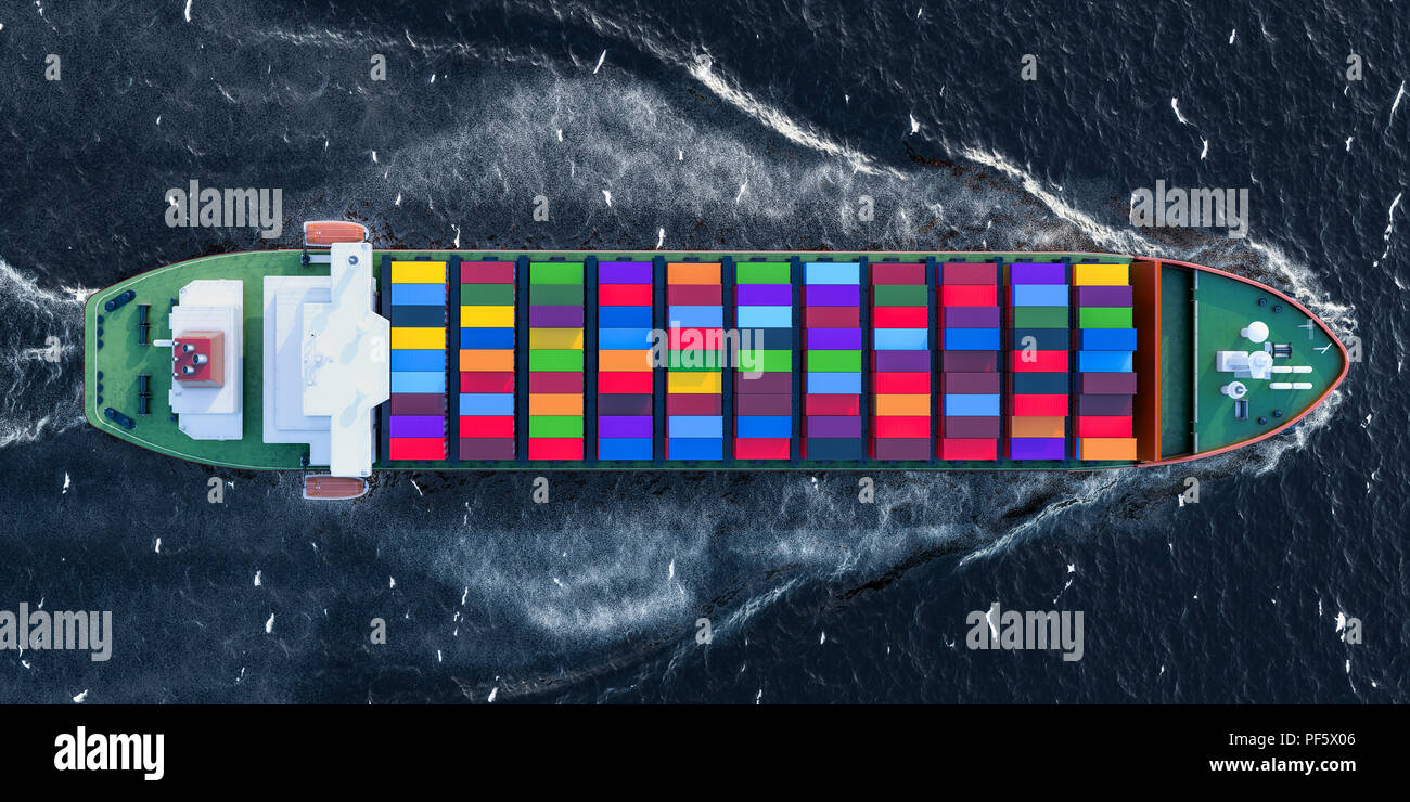 Freighter ship with cargo containers sailing in ocean, top view. 3D ...