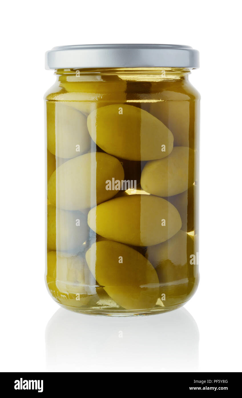 Green olives in a glass jar isolated on white backgroun Stock Photo - Alamy