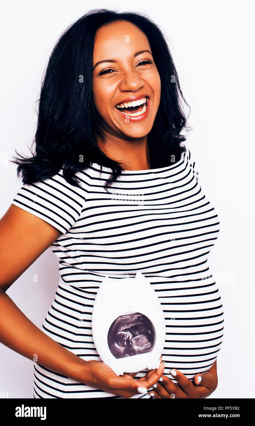 Young Pretty African American Woman Pregnant Happy Smiling Posi Stock