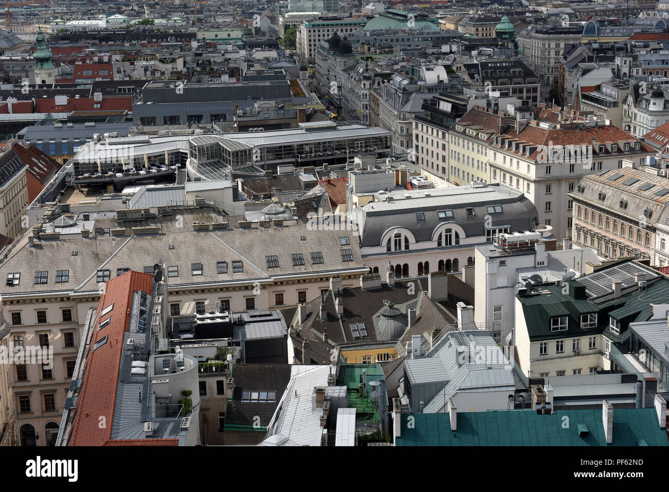 Aerial view of city rooftops and commercial properties in Vienna ...