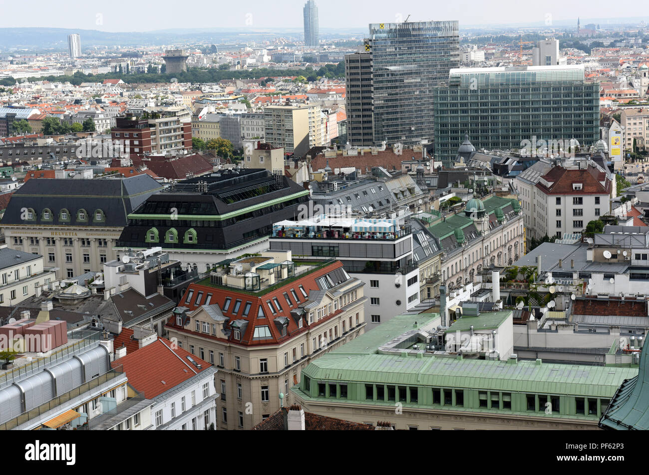 Aerial view of city rooftops and commercial properties in Vienna ...