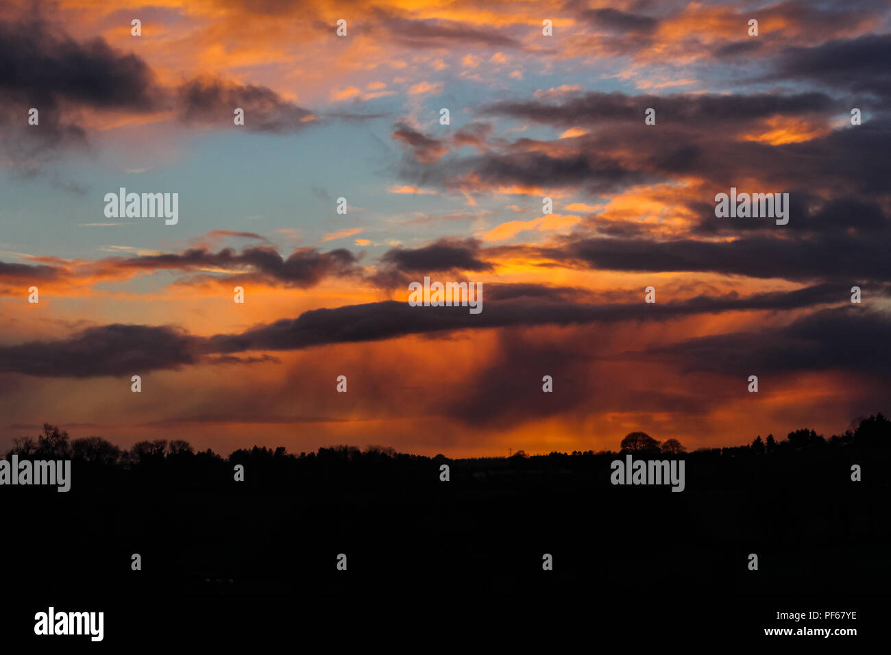 Fiery red sunset skyscape over a silhouetted treeline Stock Photo - Alamy