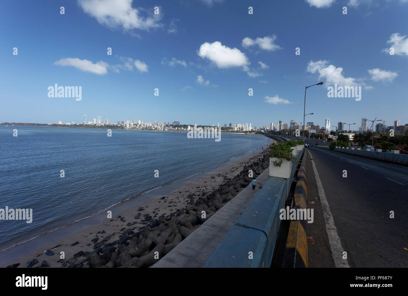 Skyline showing Walkeshwar area and vehicle traffic at marine drive in ...