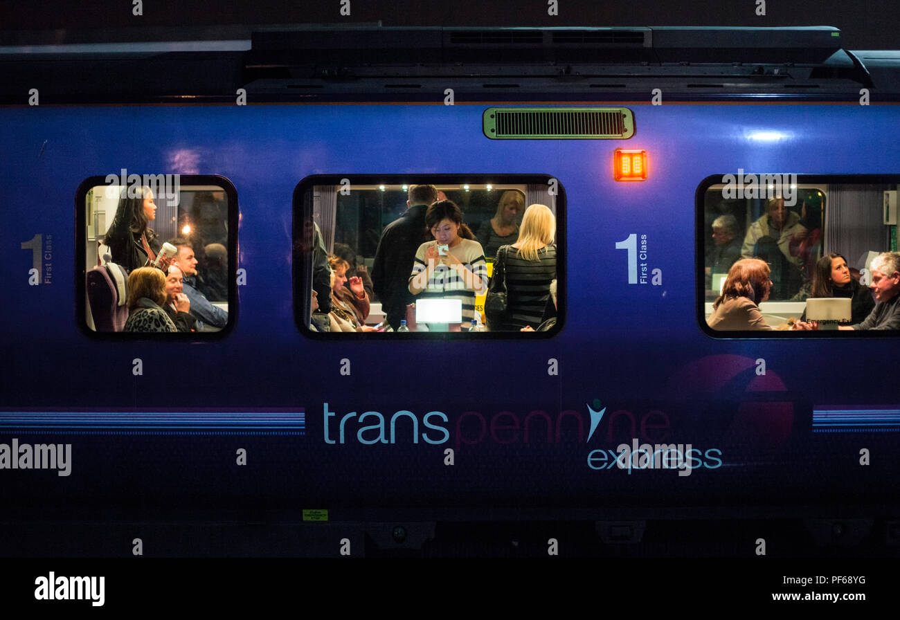 Passengers on a standing on a crowded Transpennine Express class 185 ...