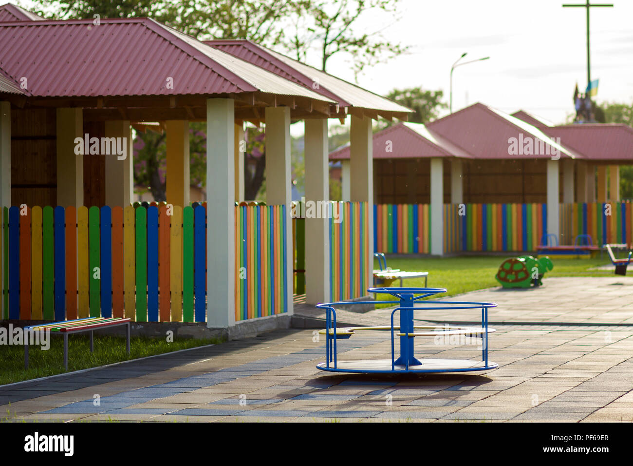 Beautiful new modern playground in kindergarten with soft pavement ...