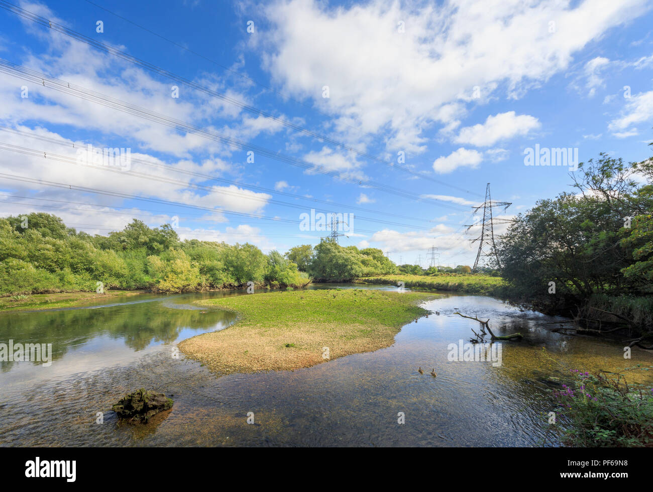 Electricity pylons pass though the Lower Test Marshes on the River Test ...