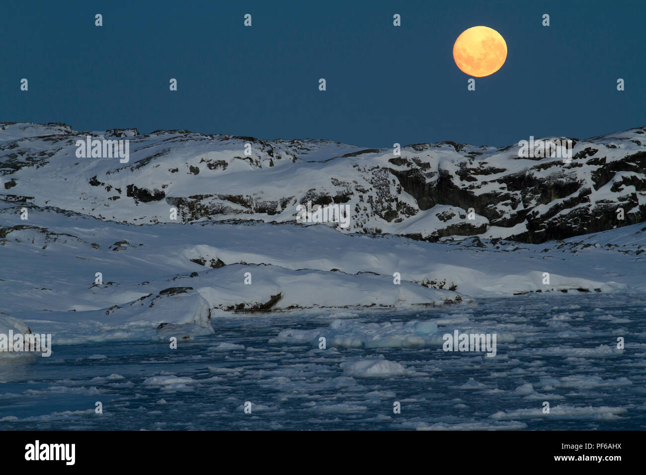 large bright moon over the Antarctic islands covered with snow on a ...