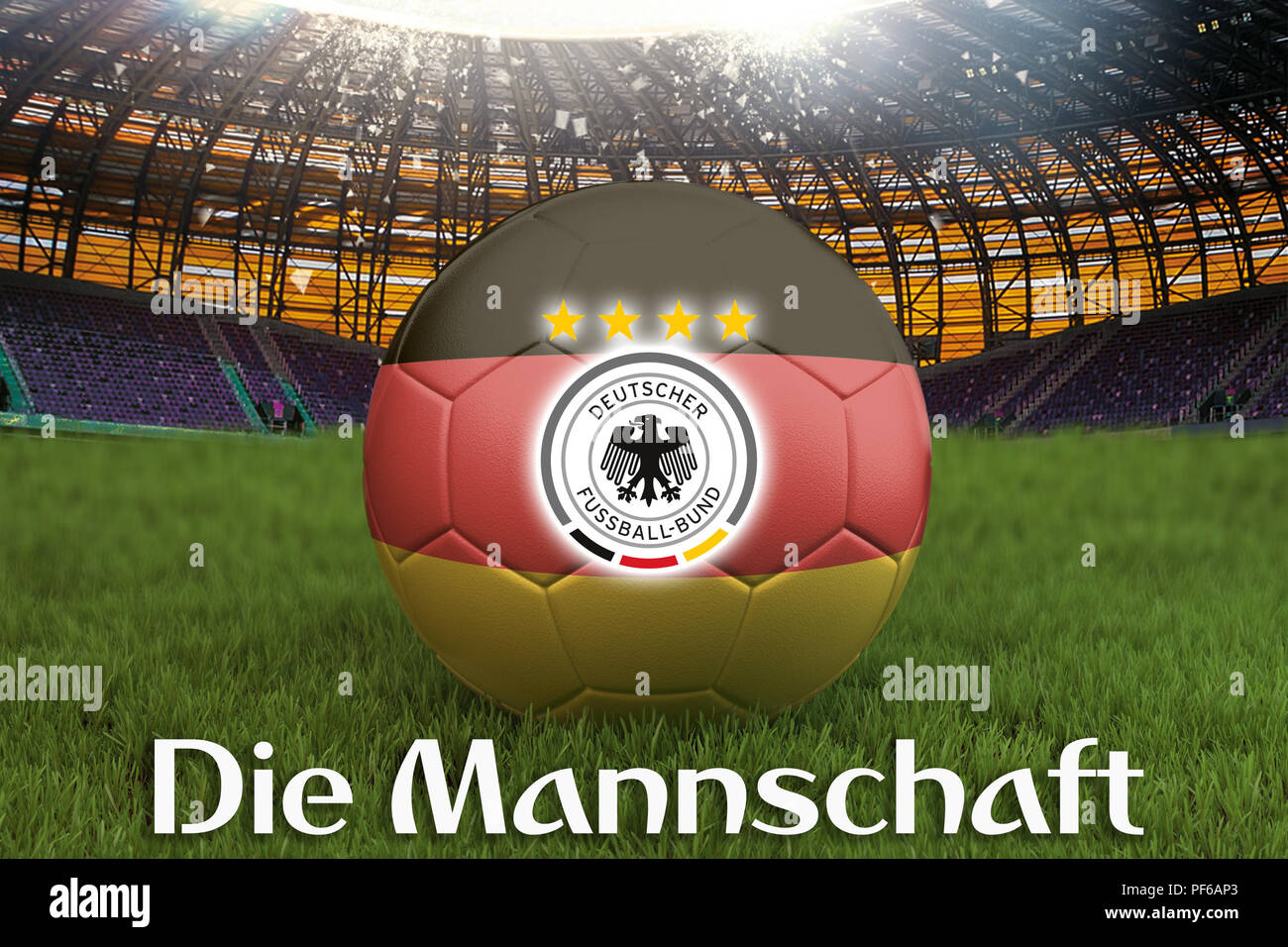 Die Mannschaft on Germany language on football team ball on big stadium ...