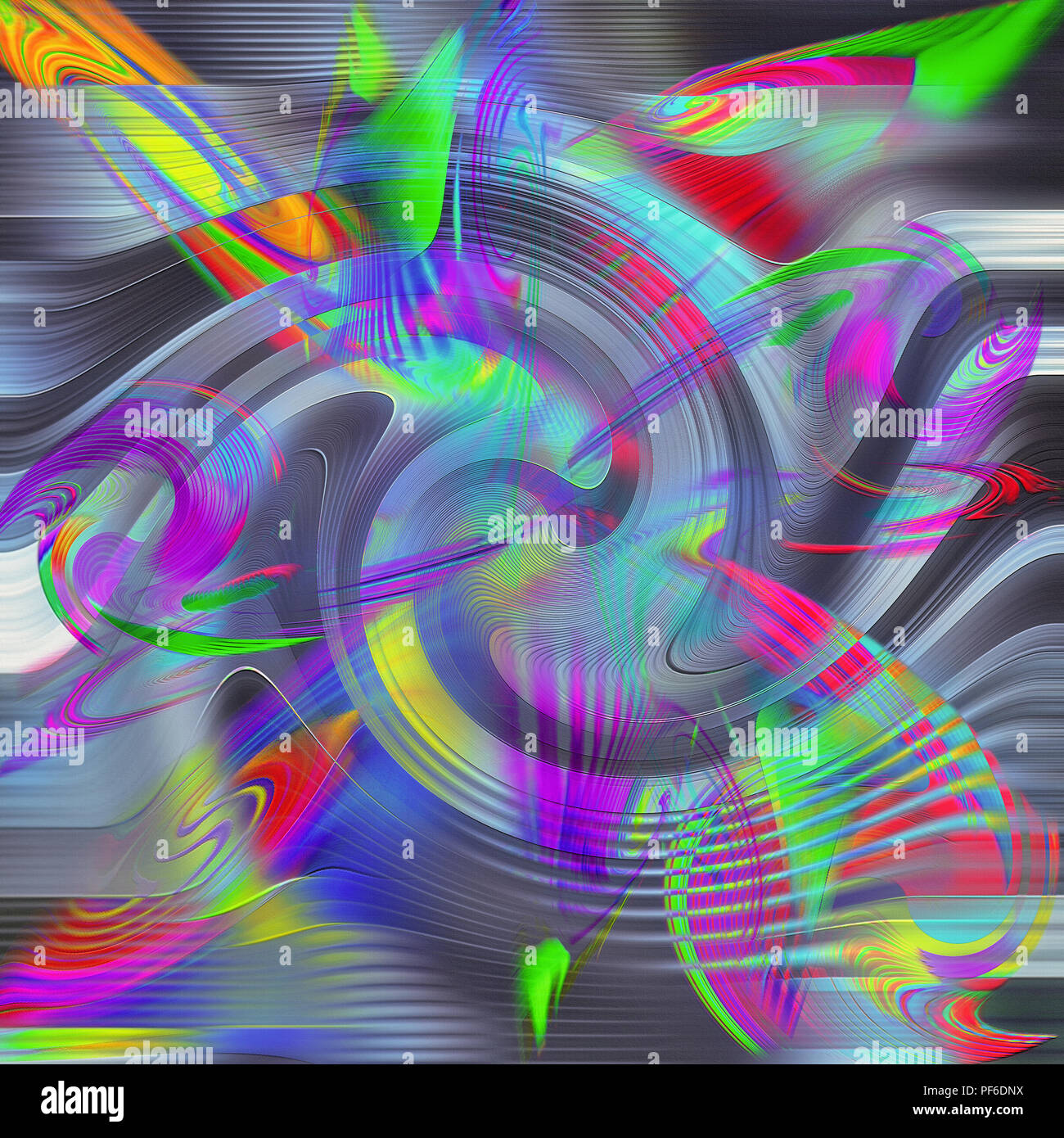 Overlapping shapes, colors and patterns distort and warp, creating a ...