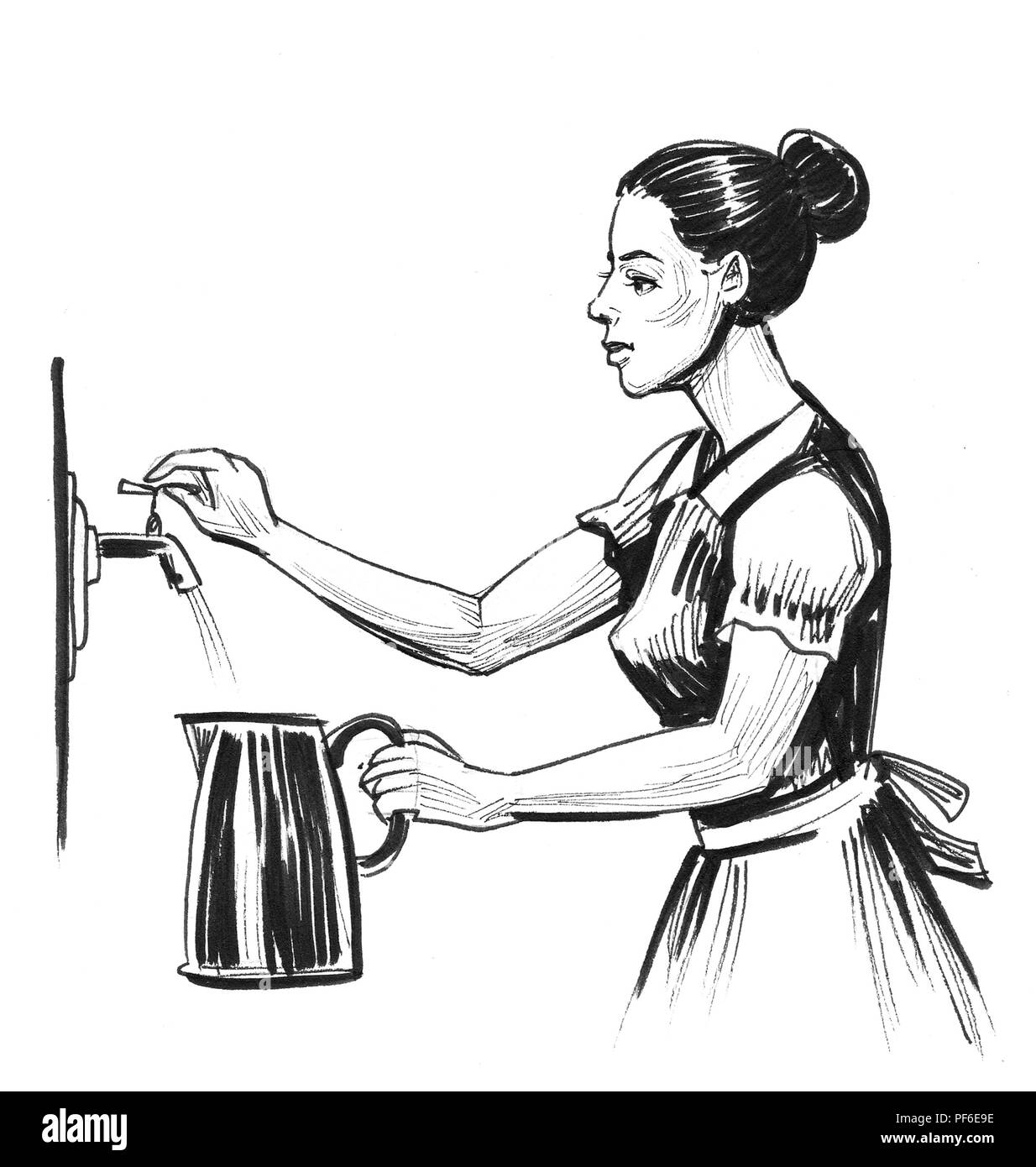 Woman filling the kettle with water. Ink black and white drawing Stock ...