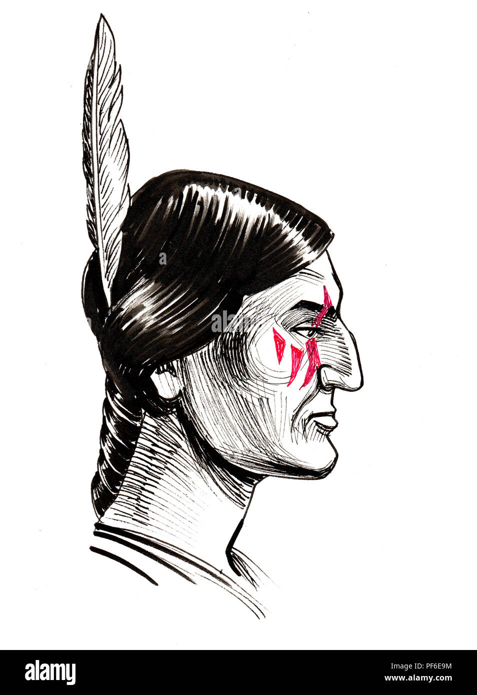 Indian warrior. Ink black and white drawing Stock Photo - Alamy