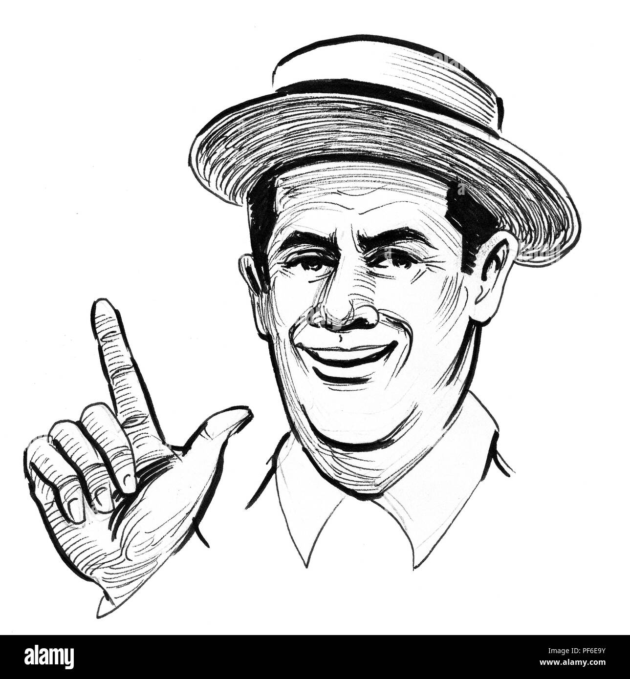 Smiling man pointing up. Ink black and white illustration Stock Photo ...