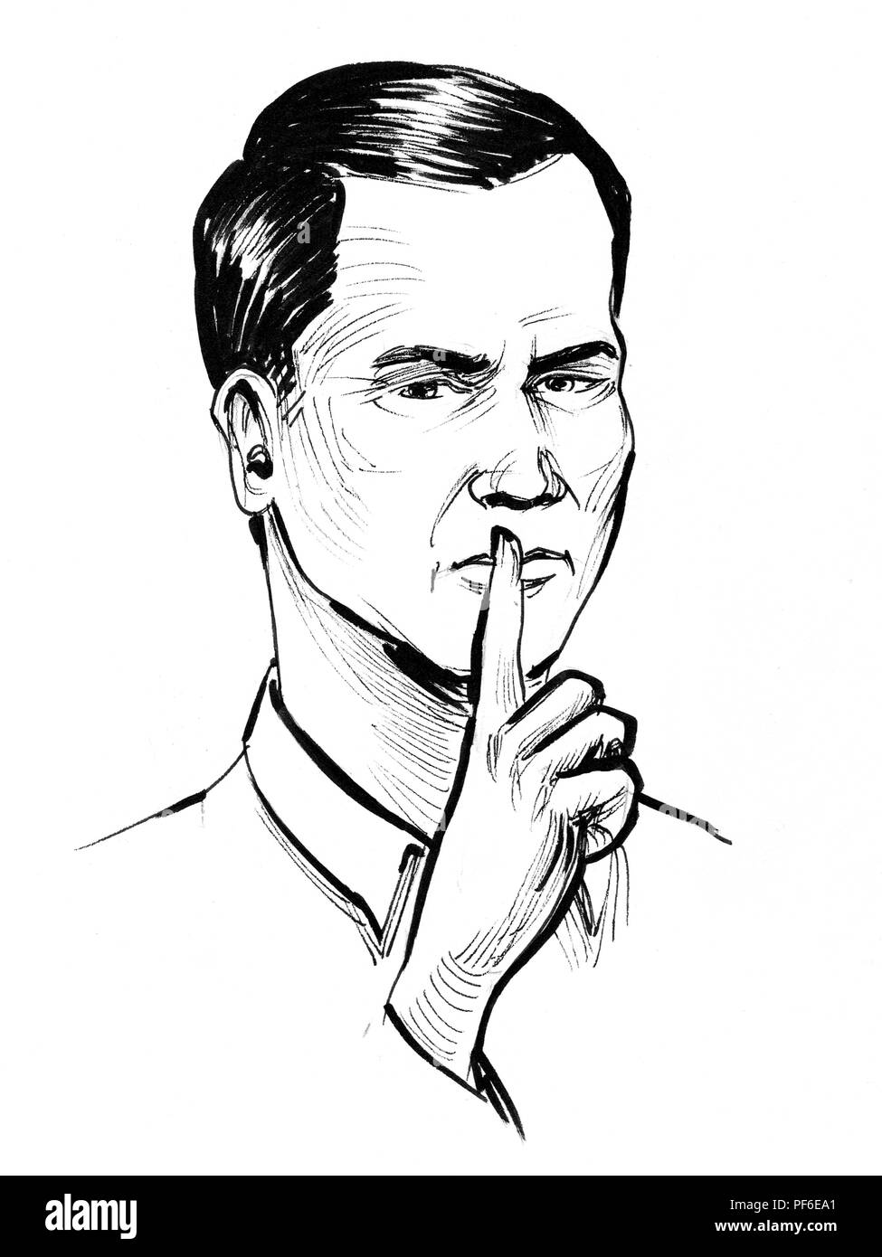 Man making silence gesture. Ink black and white illustration Stock ...