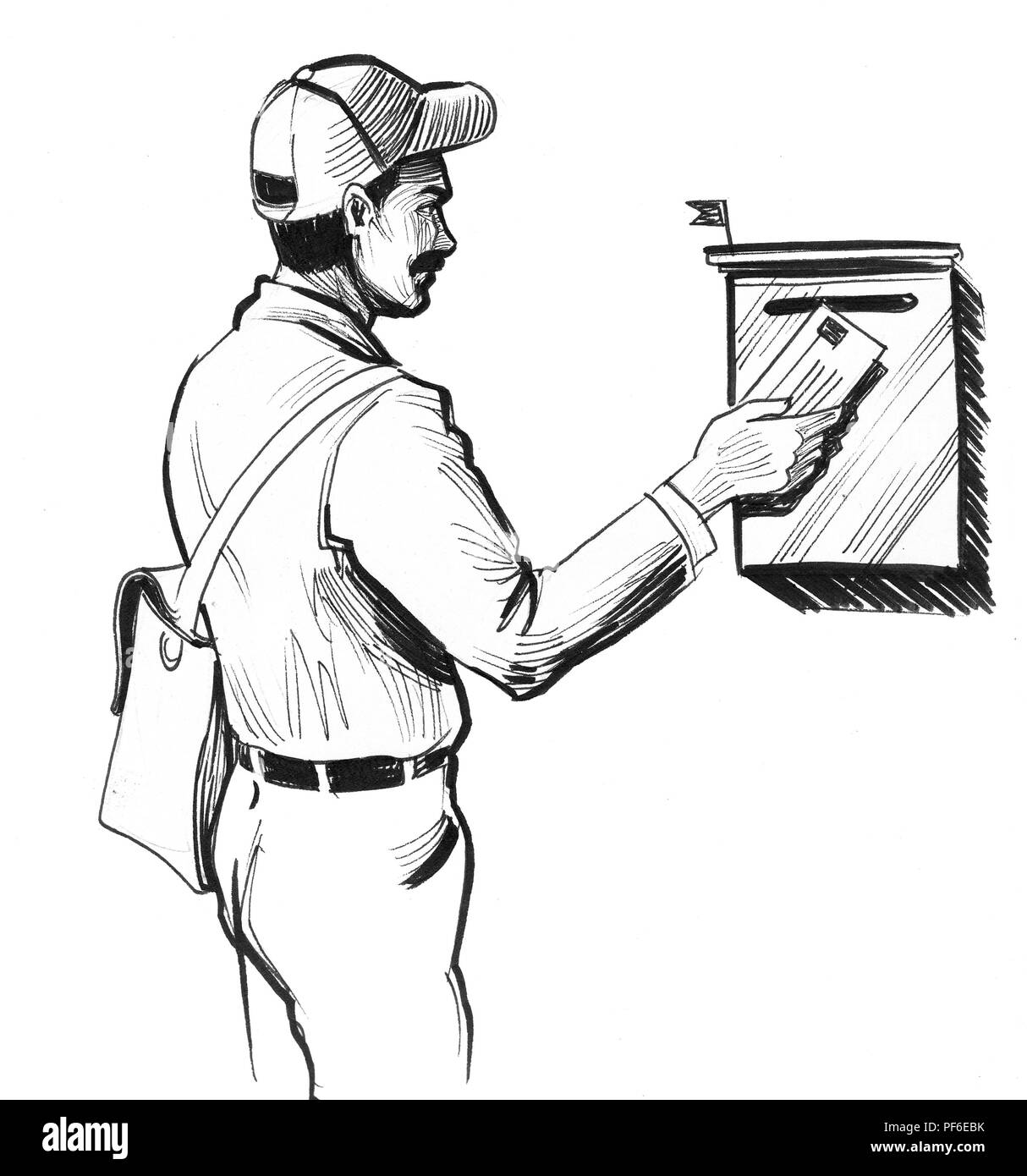 Postman delivering a letter. Ink black and white drawing Stock Photo ...