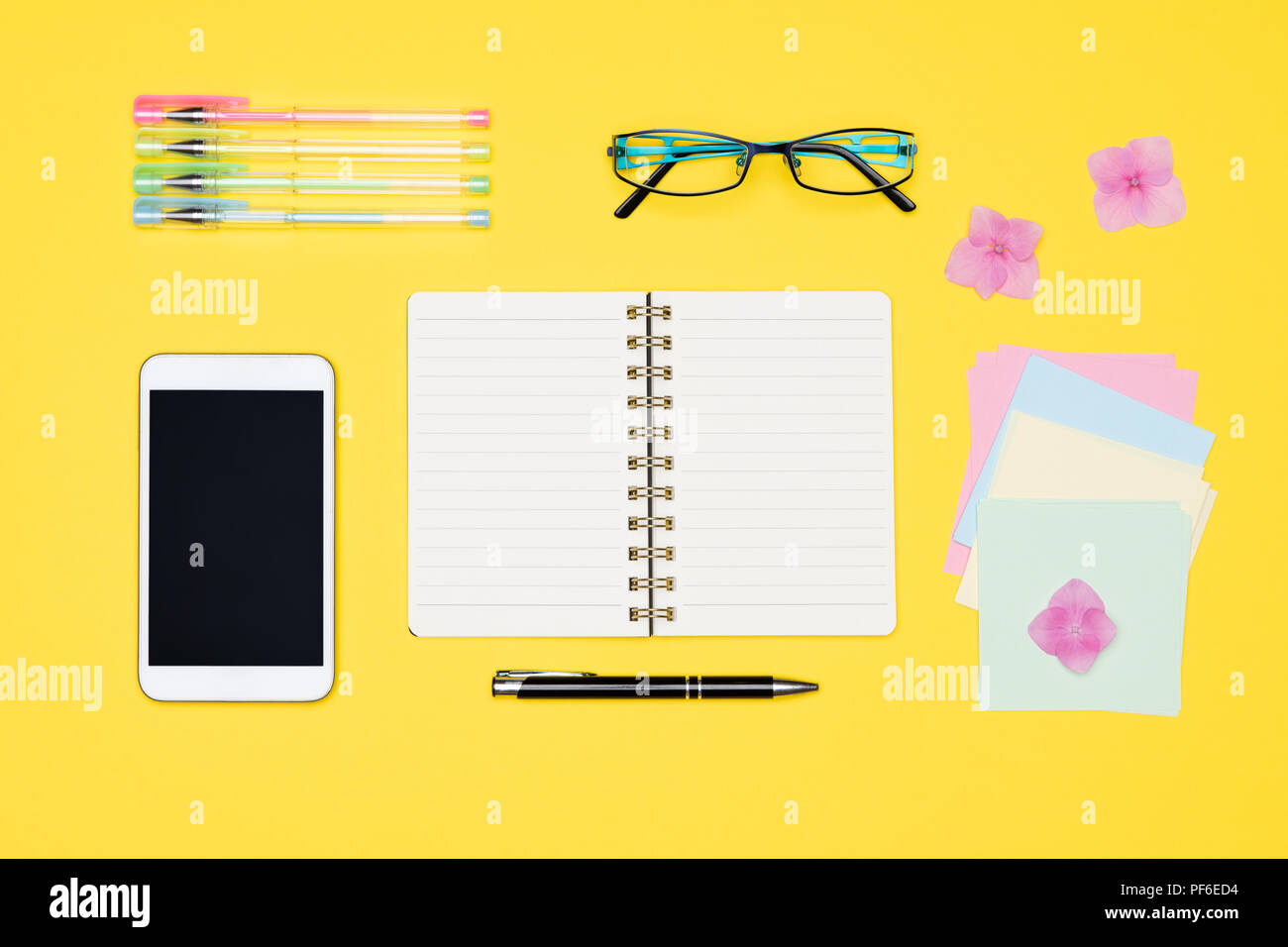 Student desk flat lay. Top view of working space table with open ...