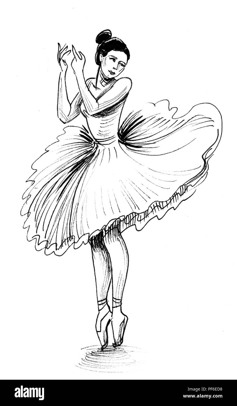 Beautiful ballerina. Ink black and white illustration Stock Photo - Alamy