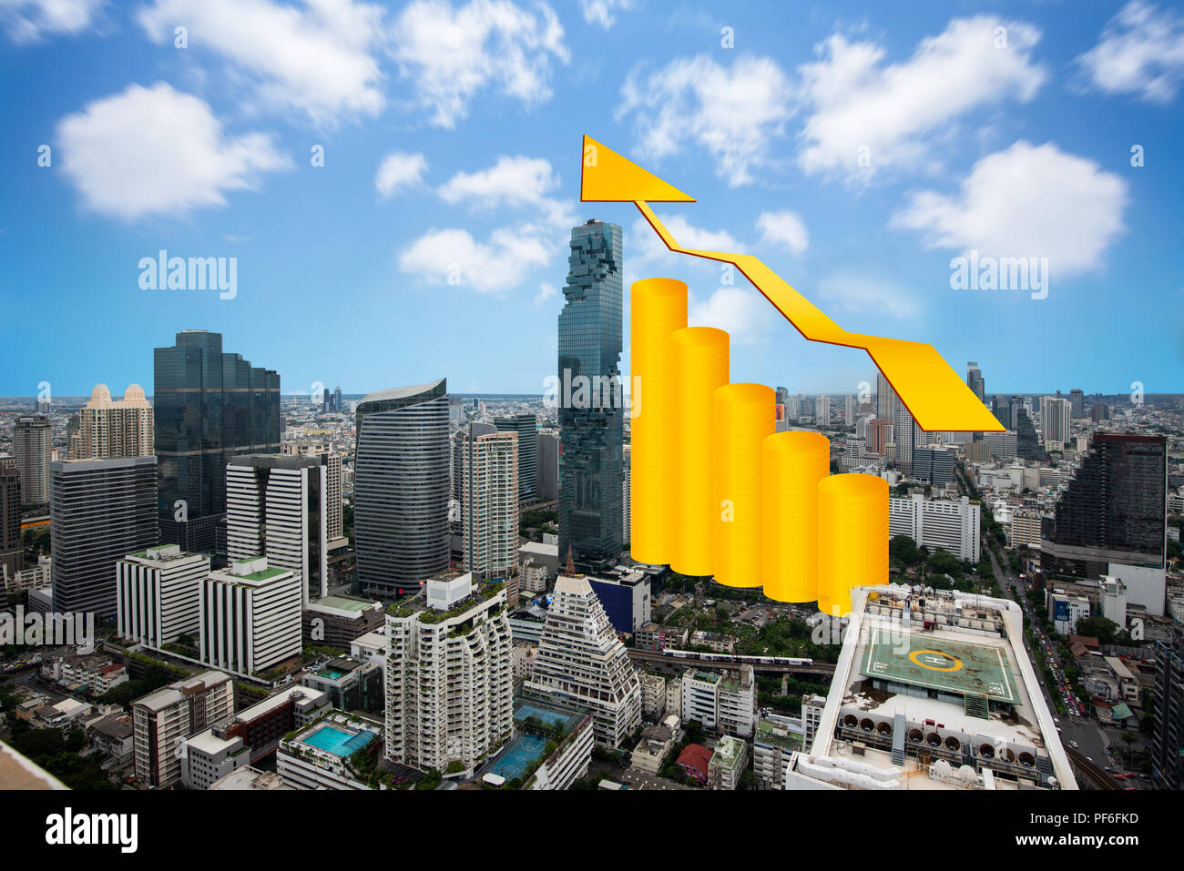 financial concept. Cityscape with illustron of gold coins and arrow ...