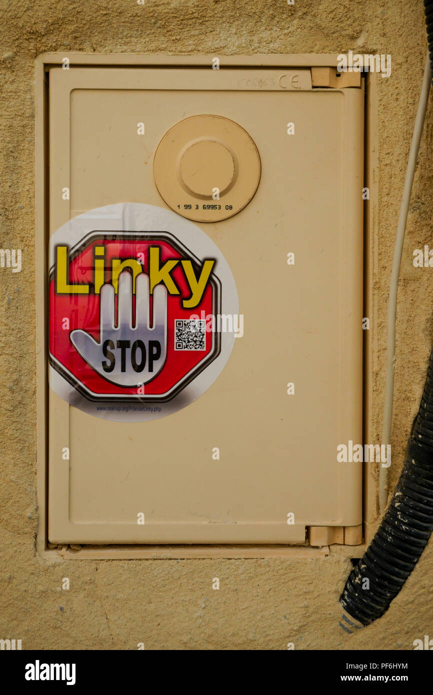 A sticker protest against controversial electricity meter Linky, Poët ...