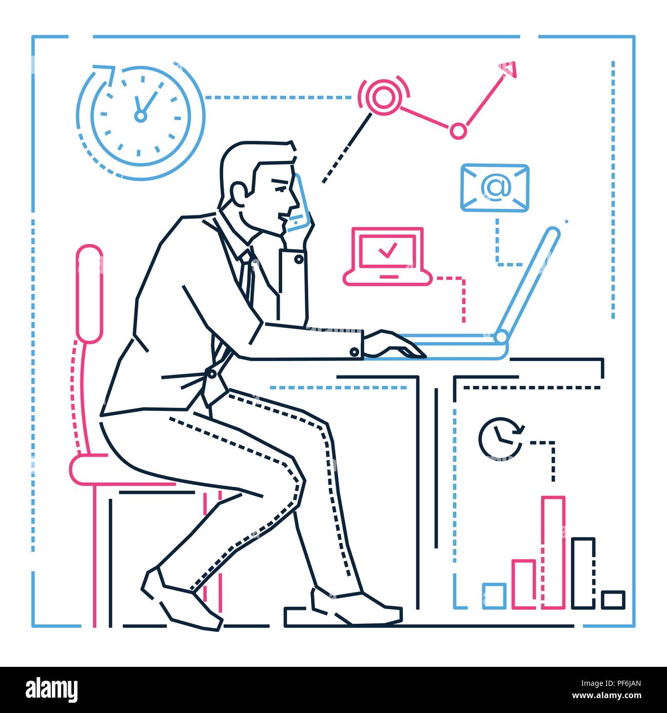 Businessman at the computer - line design style illustration Stock ...