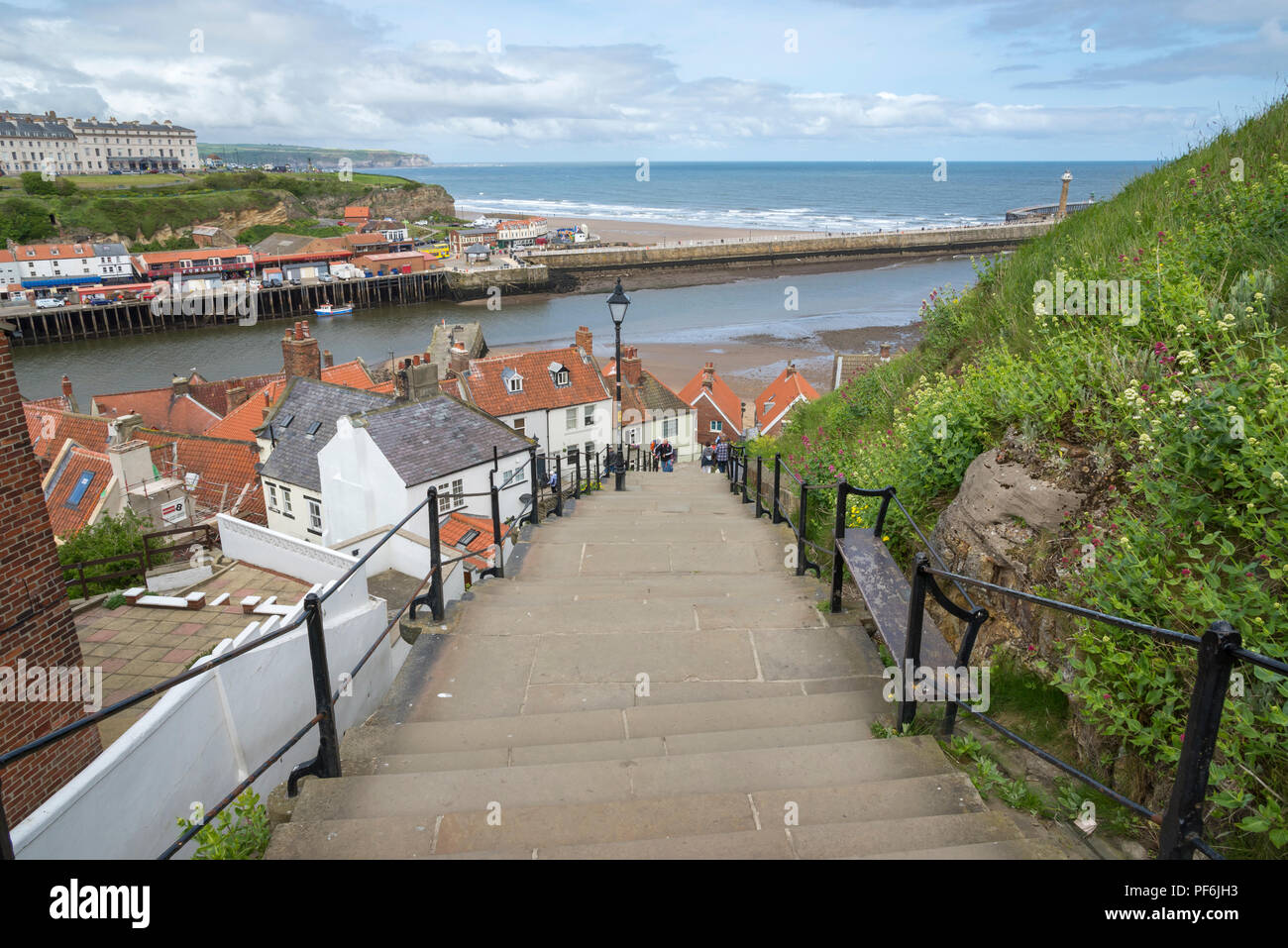 View from the famous 199 steps in the historic town of Whitby, North ...
