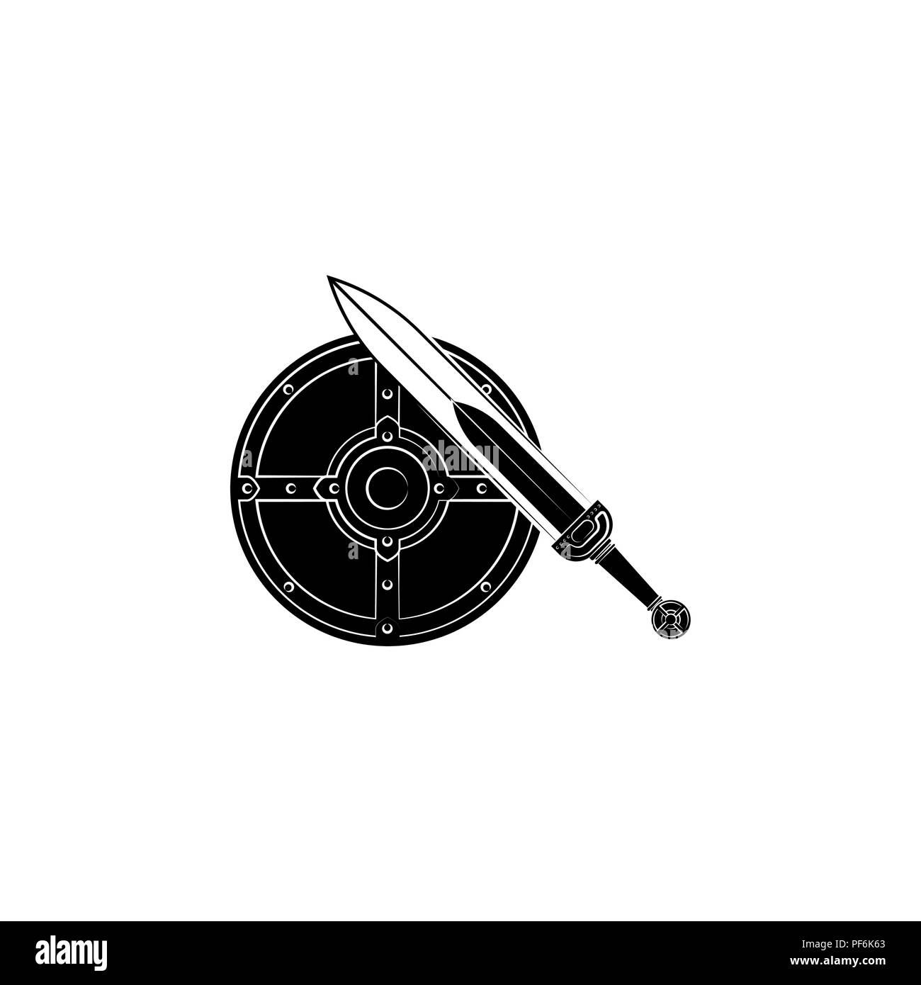 Round shield and sword icon black on white background Stock Vector ...
