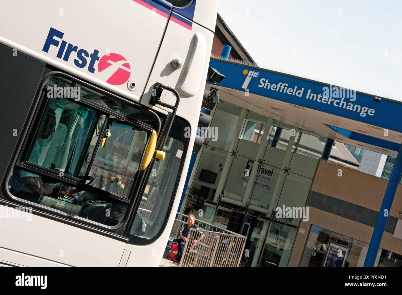 A bus arrives at the entrance to the Sheffield Interchange bus station ...