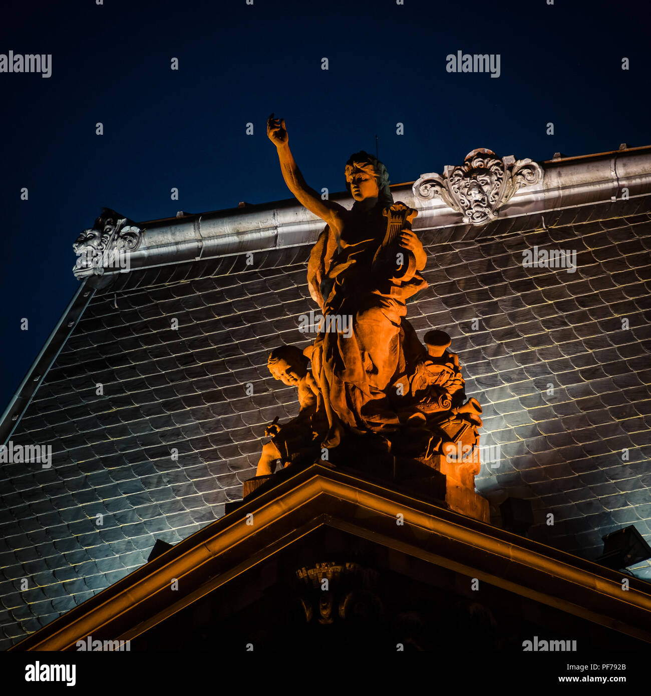 Highlighted beautiful old building on place Kleber, Strasbourg, night ...
