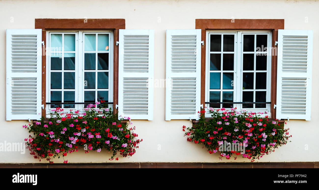 Classic old windows in timber-framing building, Alsace, sunny day Stock ...