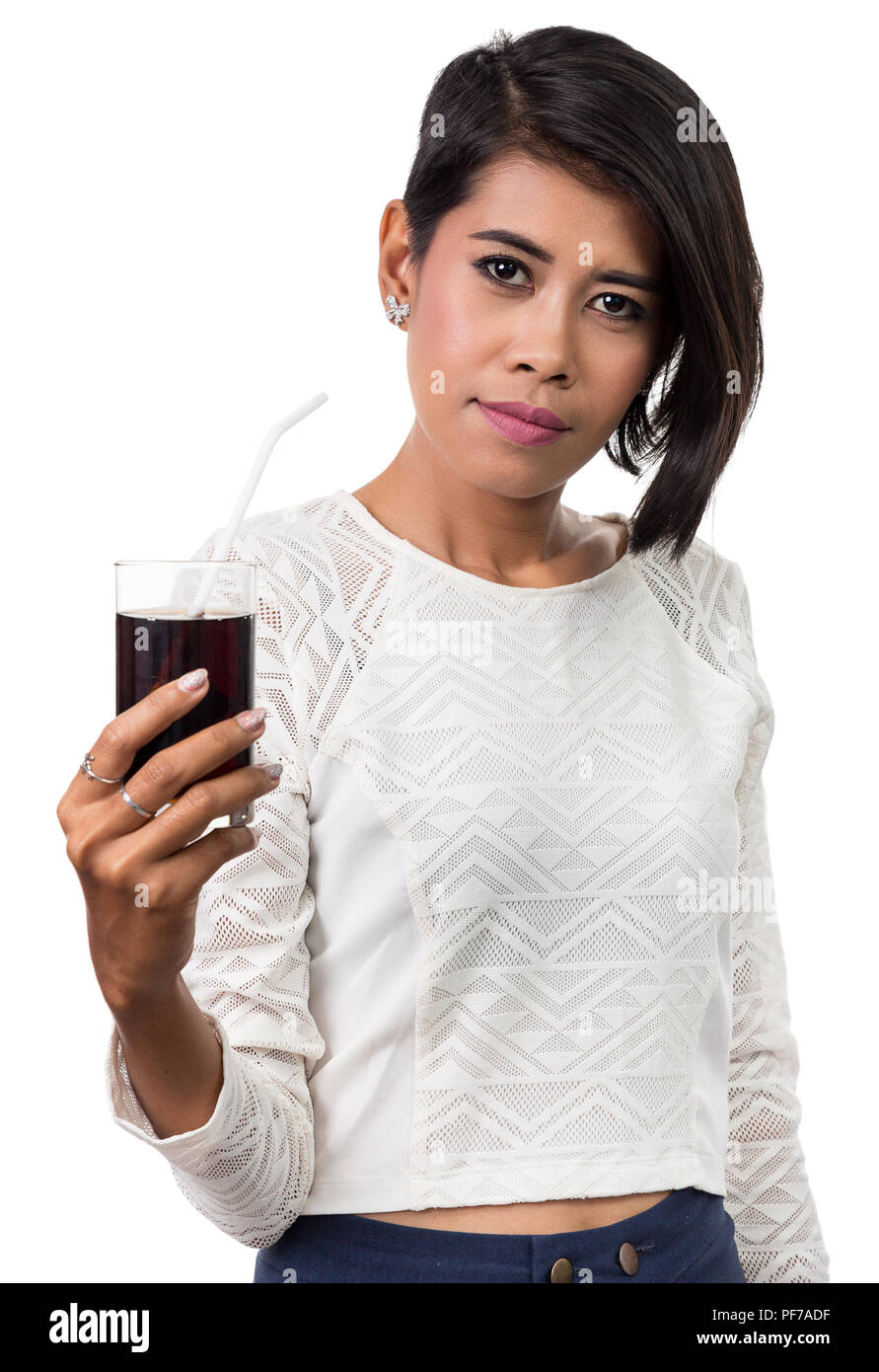 Beautiful asian woman suggesting glass of cola, isolated on white ...
