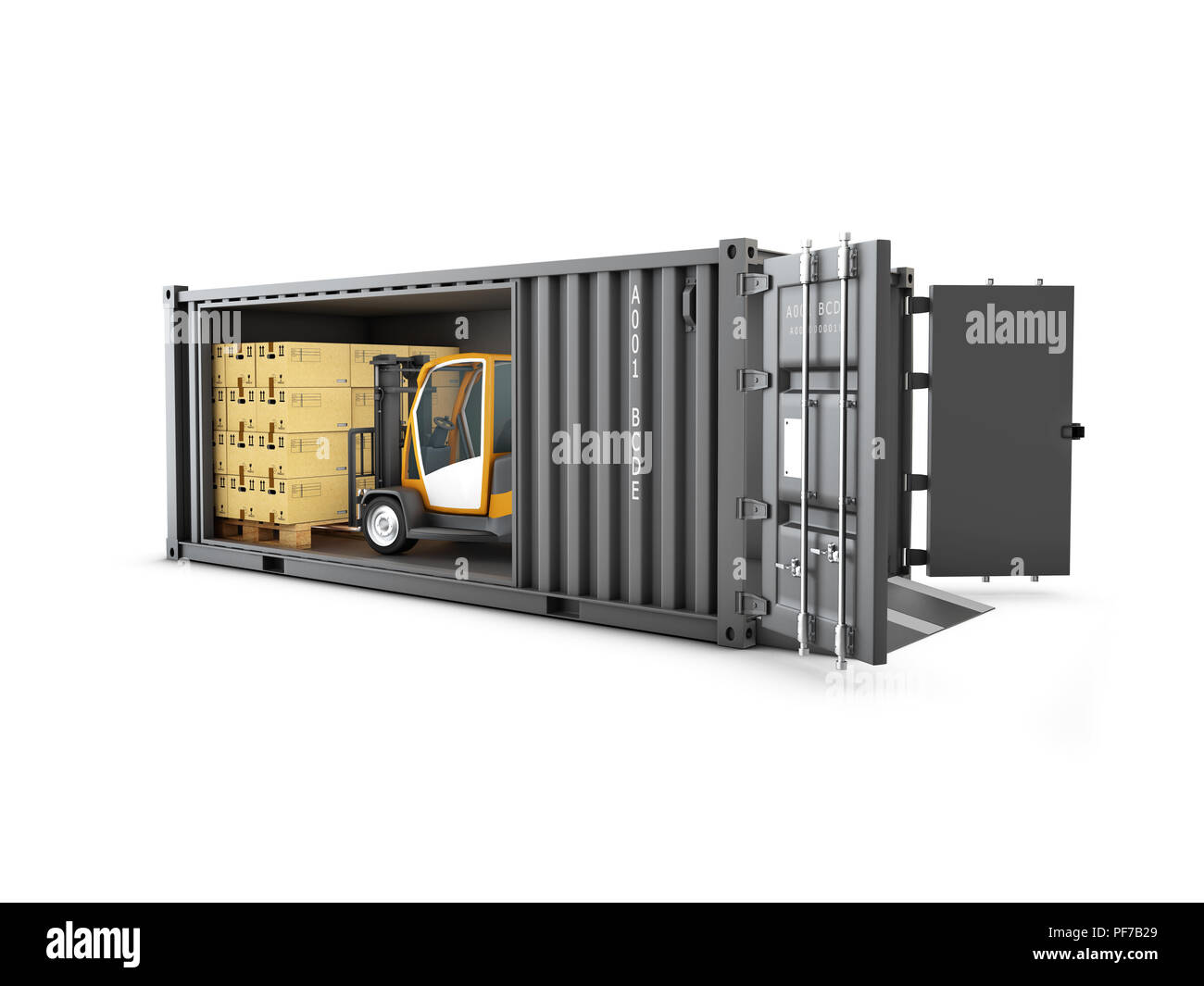 Forklift working with cargo container and product carton boxes, 3d ...