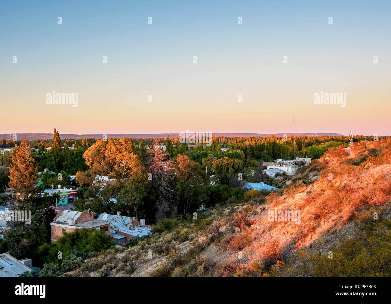 Gaiman at sunrise, elevated view, The Welsh Settlement, Chubut Province ...