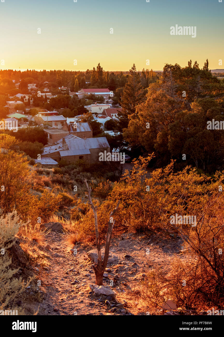 Gaiman at sunrise, elevated view, The Welsh Settlement, Chubut Province ...
