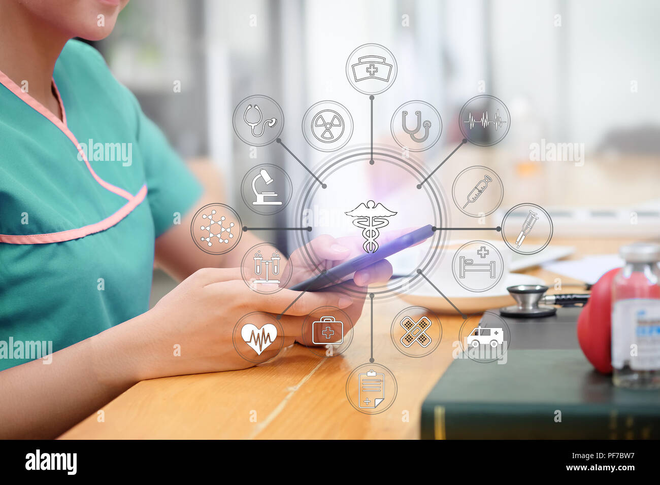 Medical Technology, Doctor using smartphone and visual icon on ...