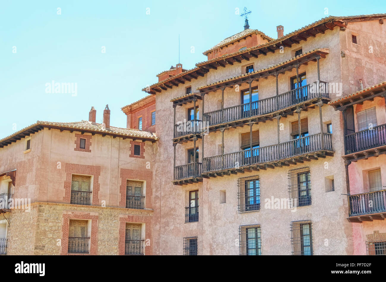 Typical buildings, with reddish colors, of Albarracin village. Tourist ...