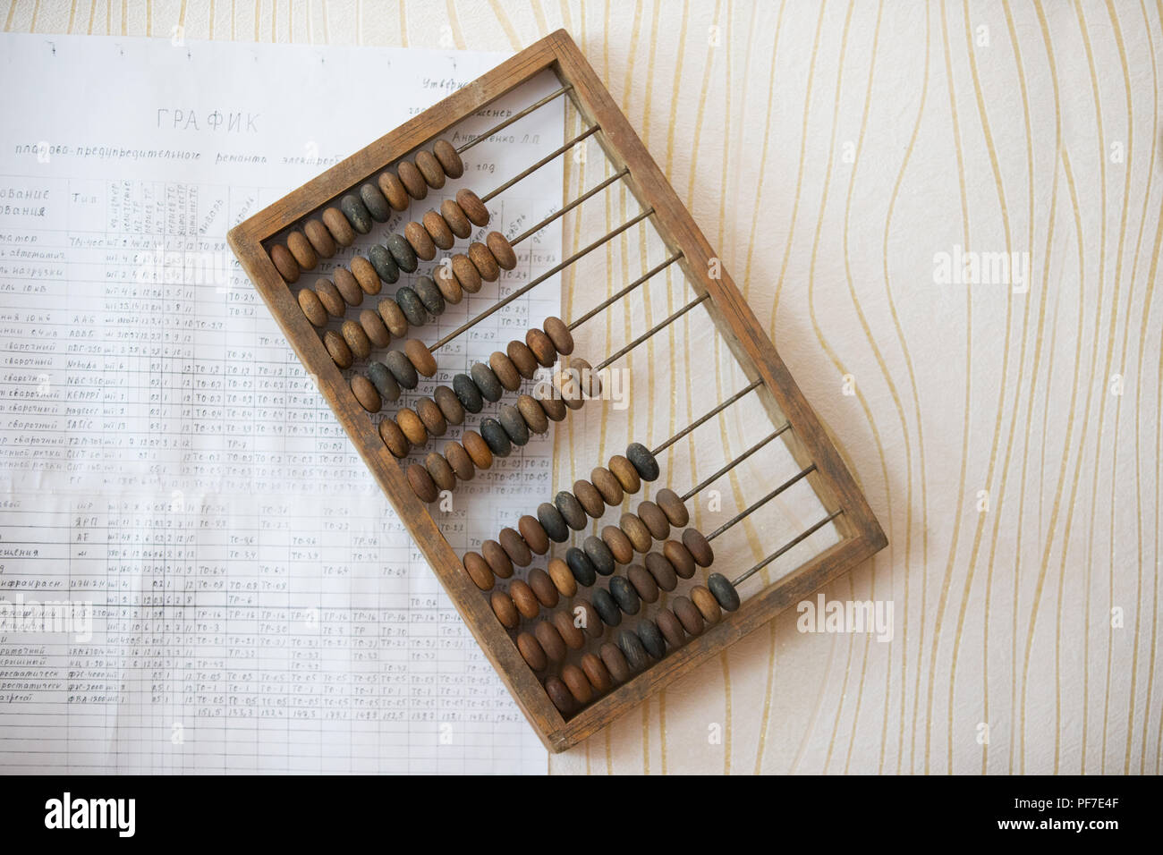 Wooden abacus on the wall with paper chart Stock Photo - Alamy