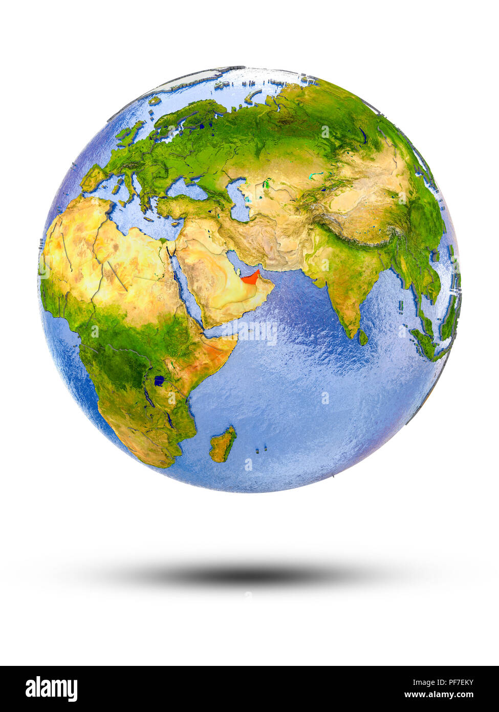 United Arab Emirates on globe with shadow isolated on white background ...