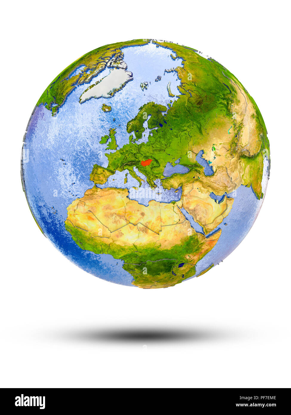 Hungary on globe with shadow isolated on white background. 3D ...