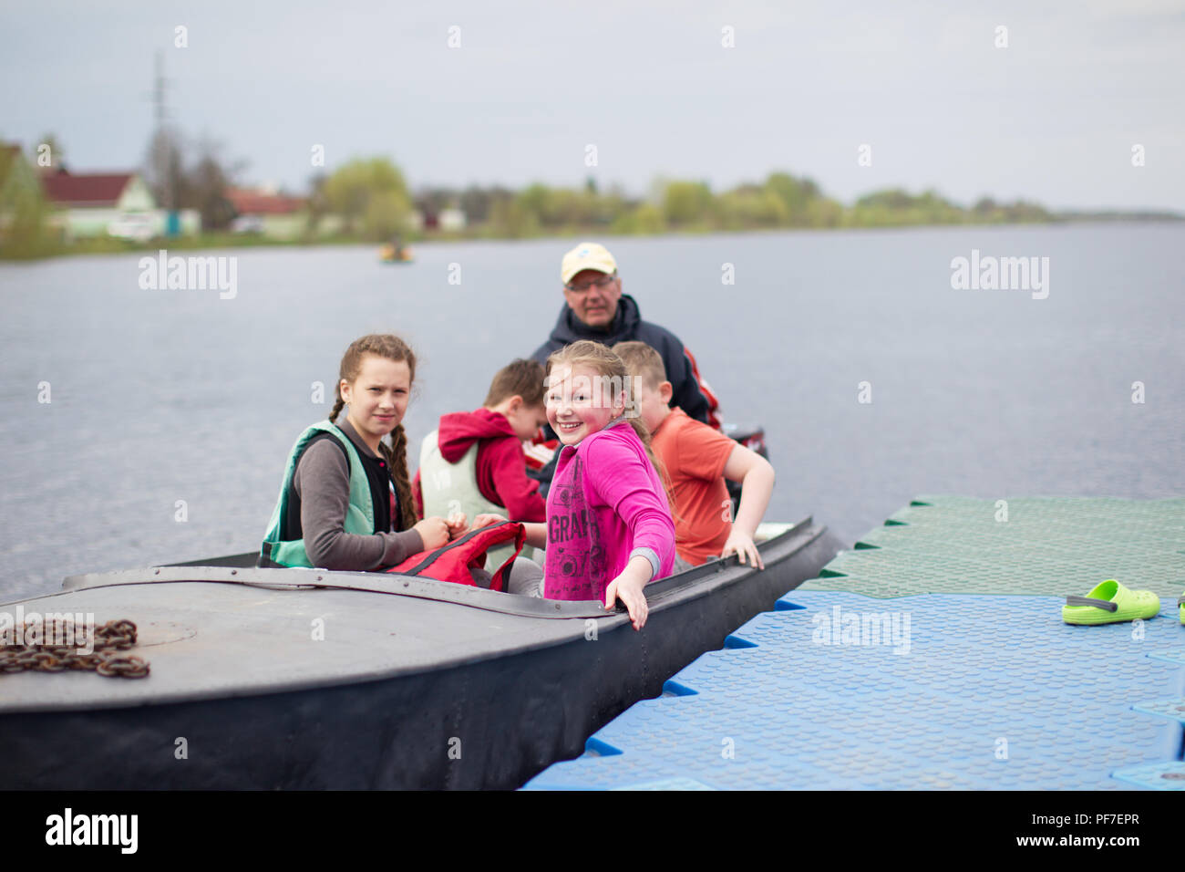 Belarus, Gomel, 25 April 2018. Rowing base. Children teenagers are ...