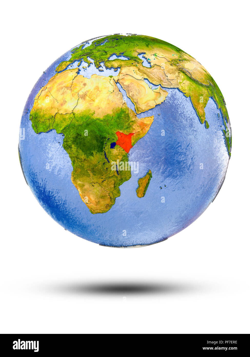 Kenya on globe with shadow isolated on white background. 3D ...