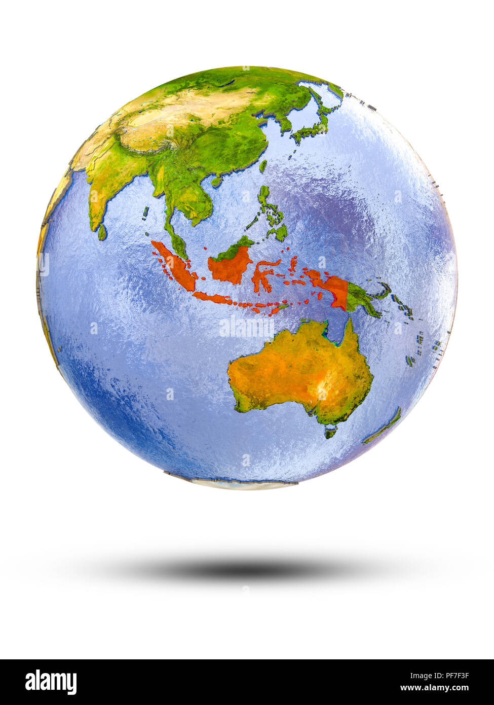 Indonesia on globe with shadow isolated on white background. 3D ...