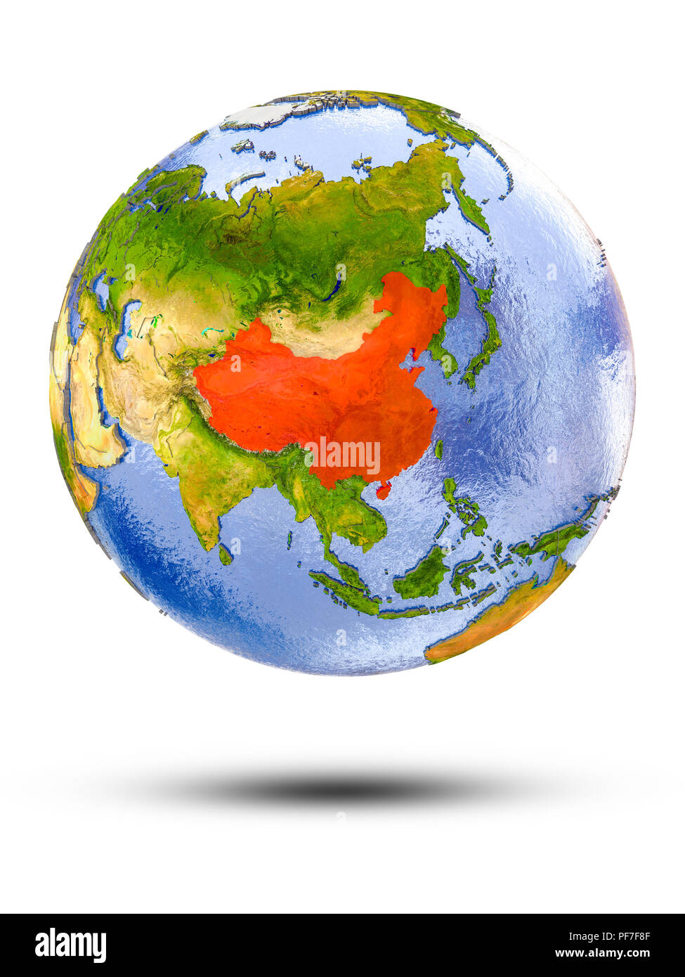 China on globe with shadow isolated on white background. 3D ...